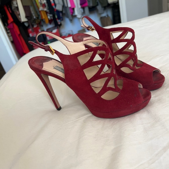 Prada | Shoes | Prada Burgundy Red Suede Caged Sling Back Platform Peep ...